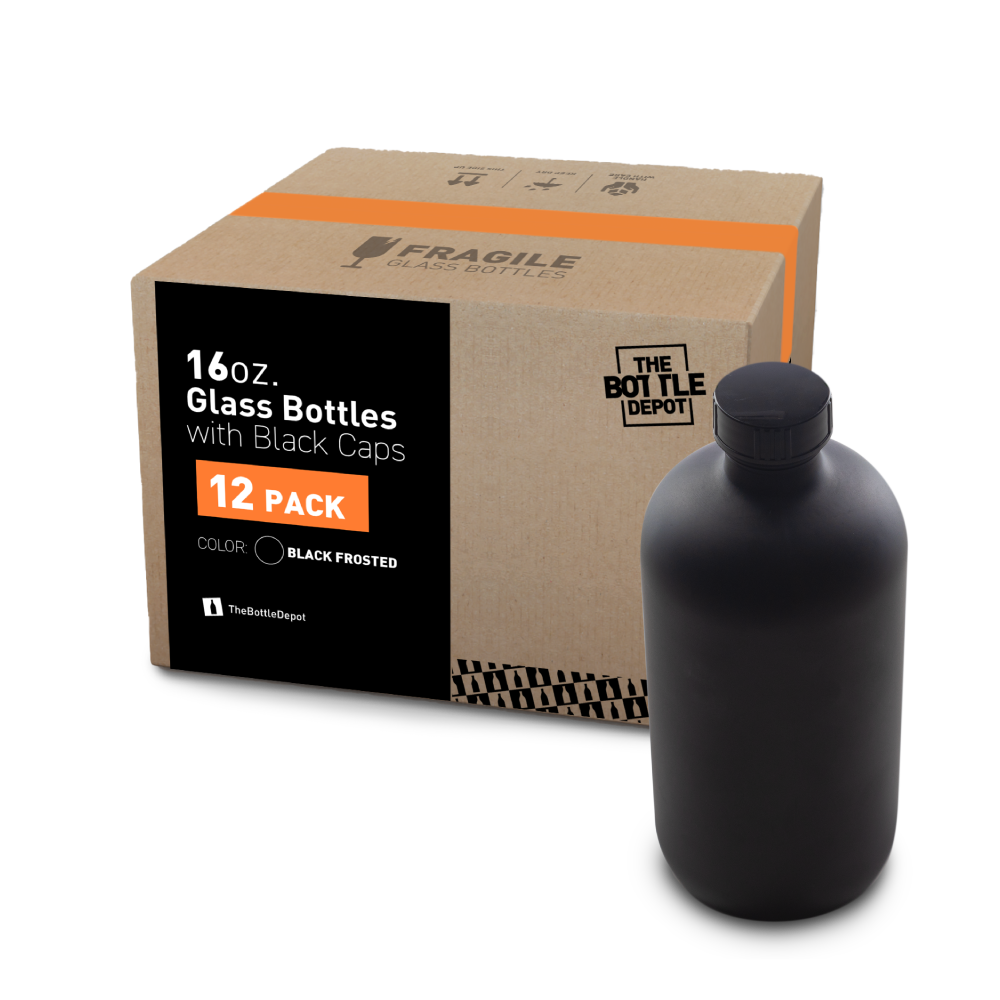 16-oz-black-frosted-glass-boston-round-bottle-with-black-lid-12-pack