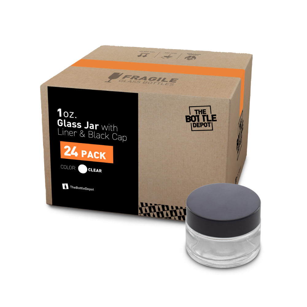 1 Oz Clear Glass Jars With Black Lids 24 Pack The Bottle Depot