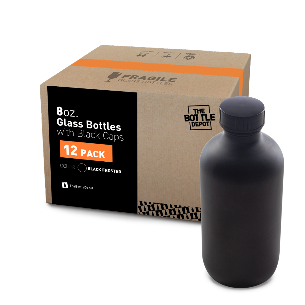 8-oz-black-frosted-glass-boston-round-bottle-with-black-lid-12-pack